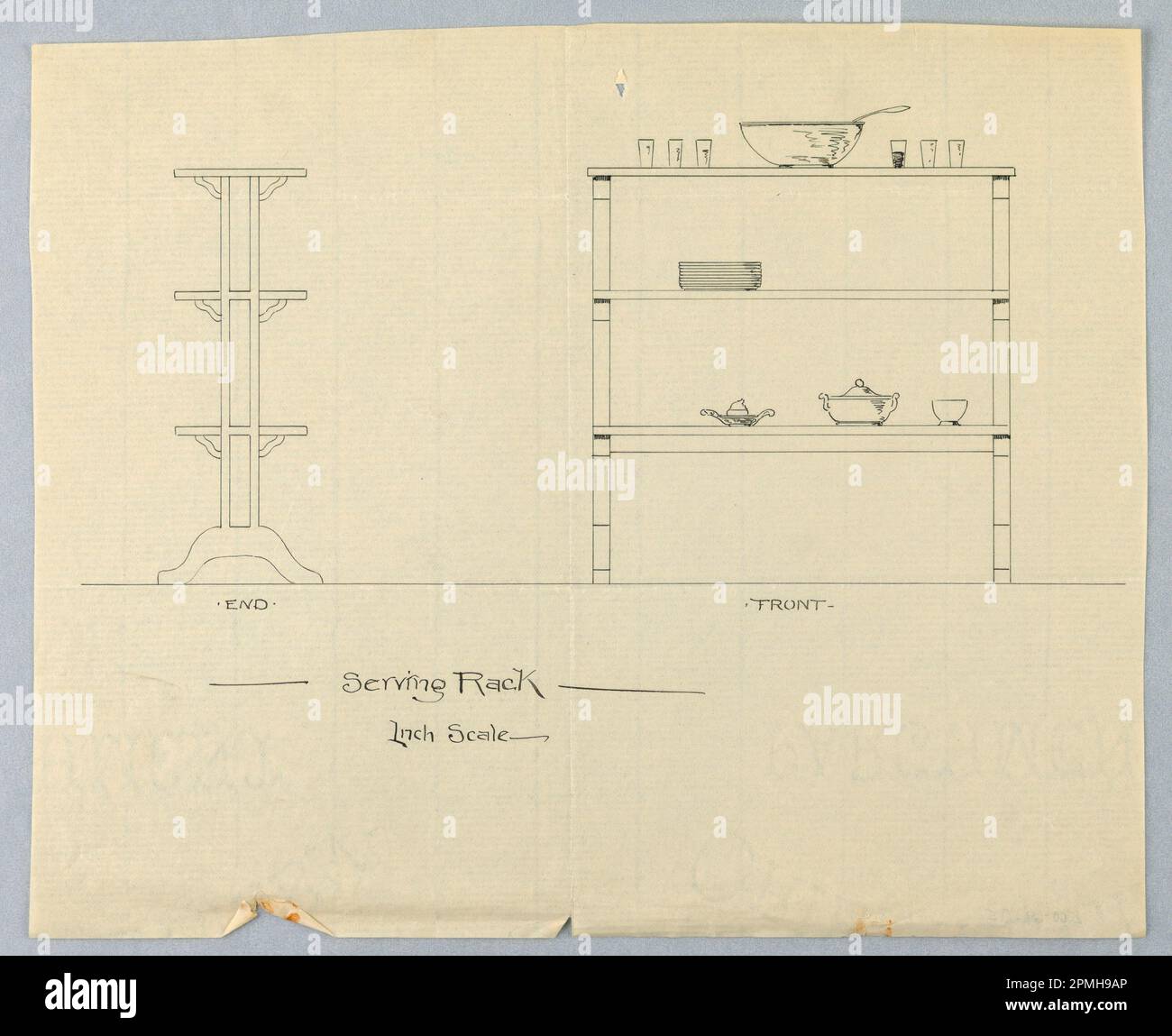 Drawing, Design for Serving Rack with Three Shelves (Front and Side ... Drawing, Design for Serving Rack with Three Shelves (Front and Side ...