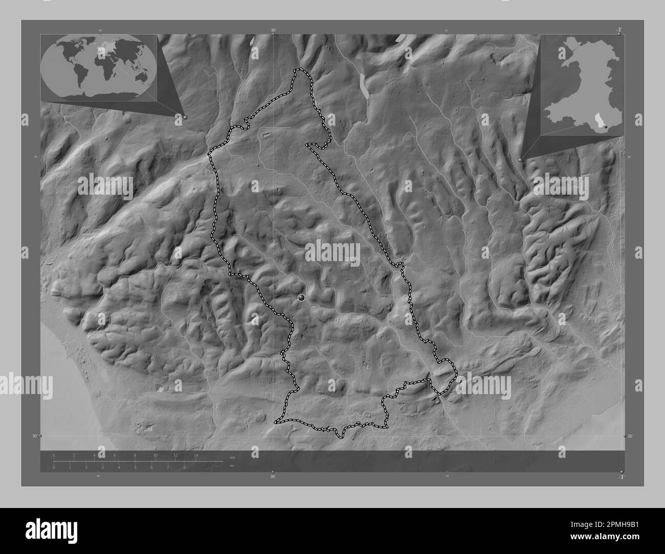 Rhondda Cynon Taf, region of Wales - Great Britain. Grayscale elevation ...
