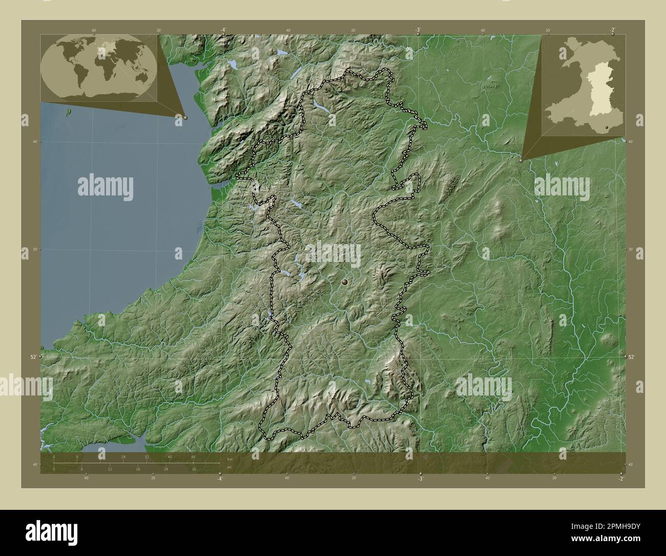 Powys, region of Wales - Great Britain. Elevation map colored in wiki ...