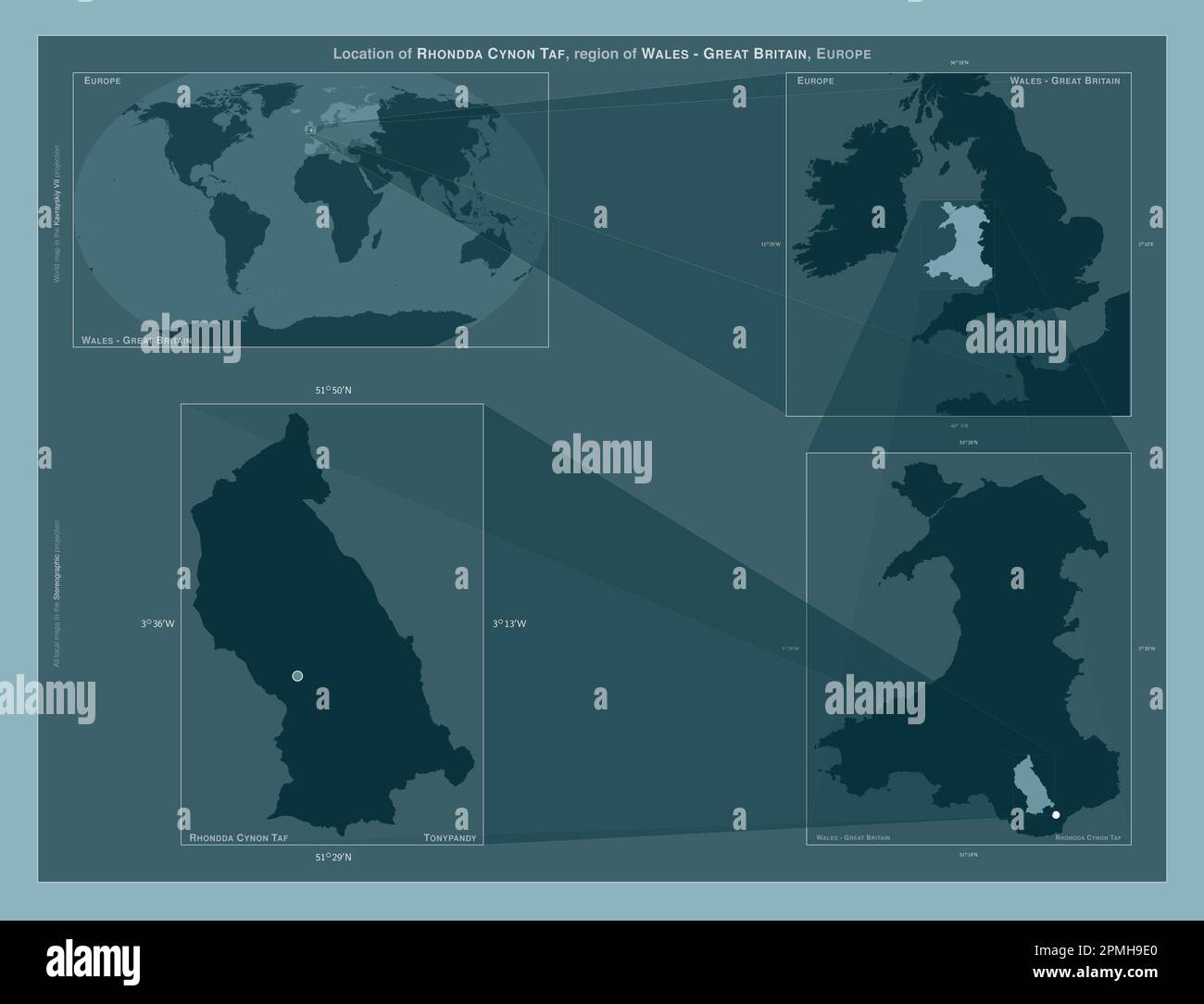 Rhondda Cynon Taf, region of Wales - Great Britain. Diagram showing the ...