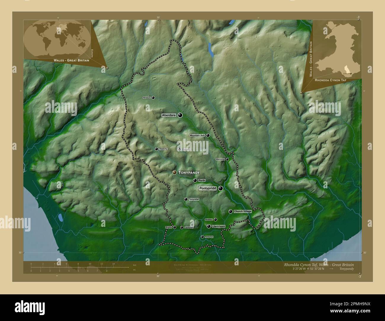 Rhondda Cynon Taf, region of Wales - Great Britain. Colored elevation ...
