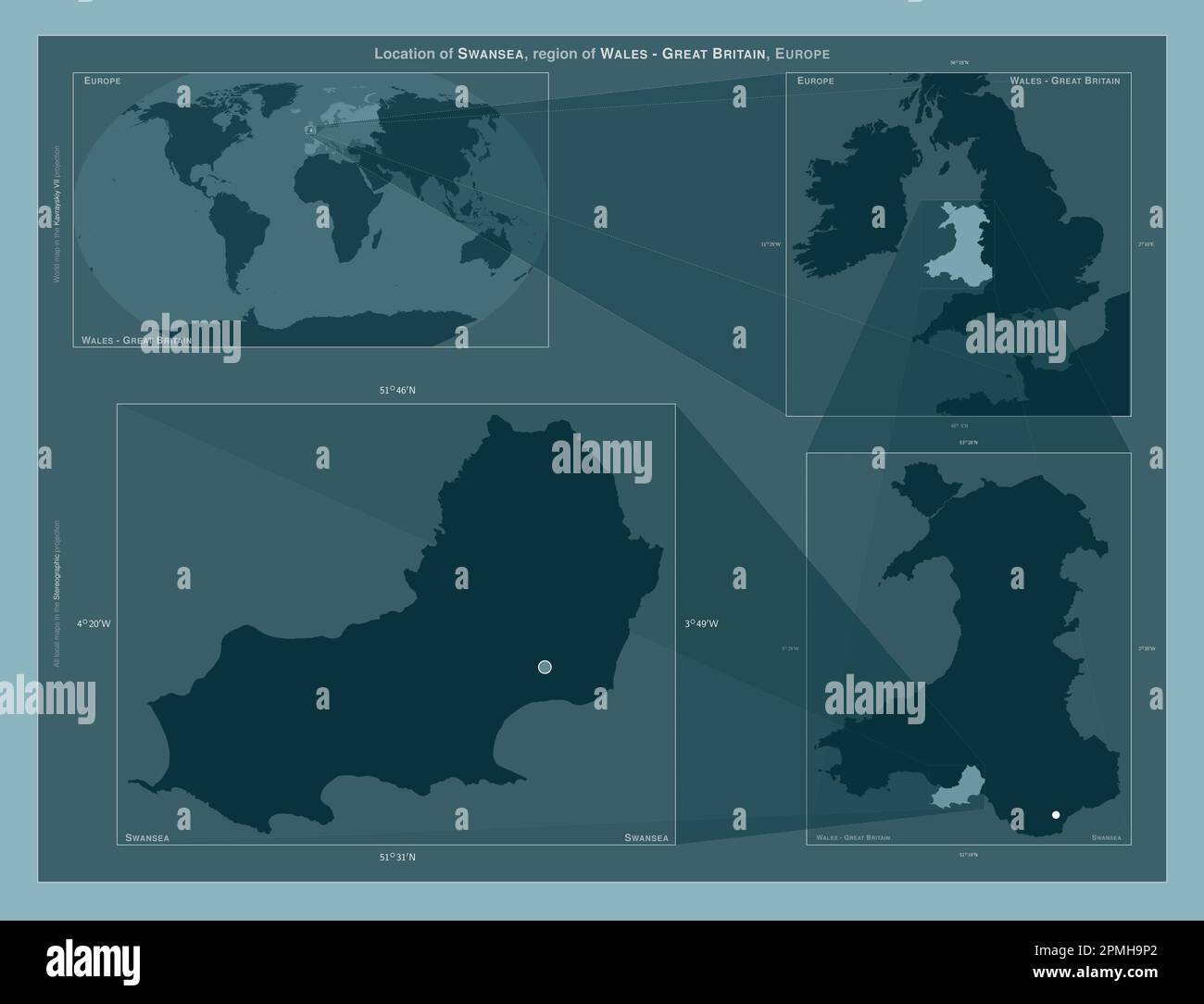 Swansea, region of Wales - Great Britain. Diagram showing the location ...