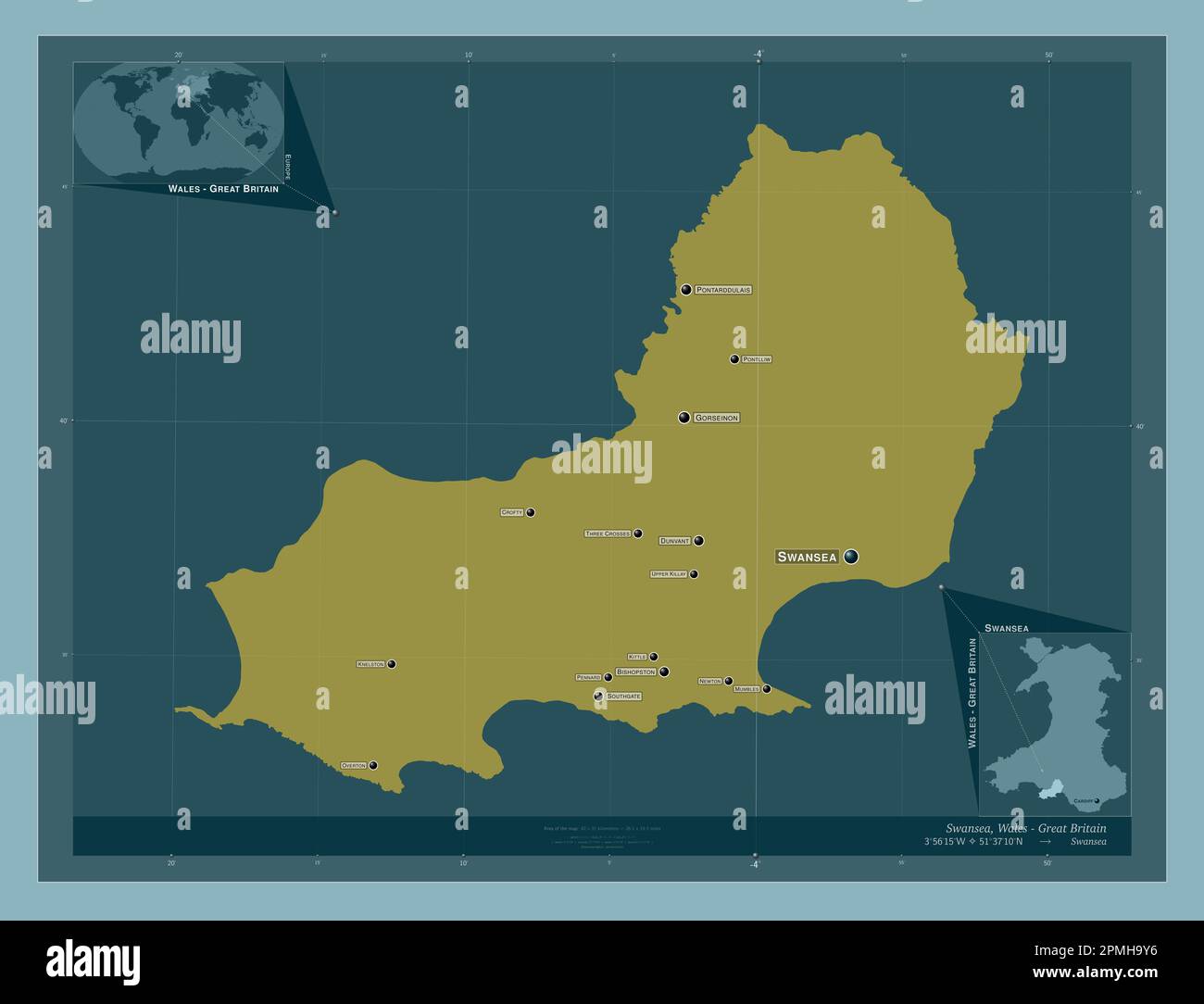 Swansea, region of Wales - Great Britain. Solid color shape. Locations ...