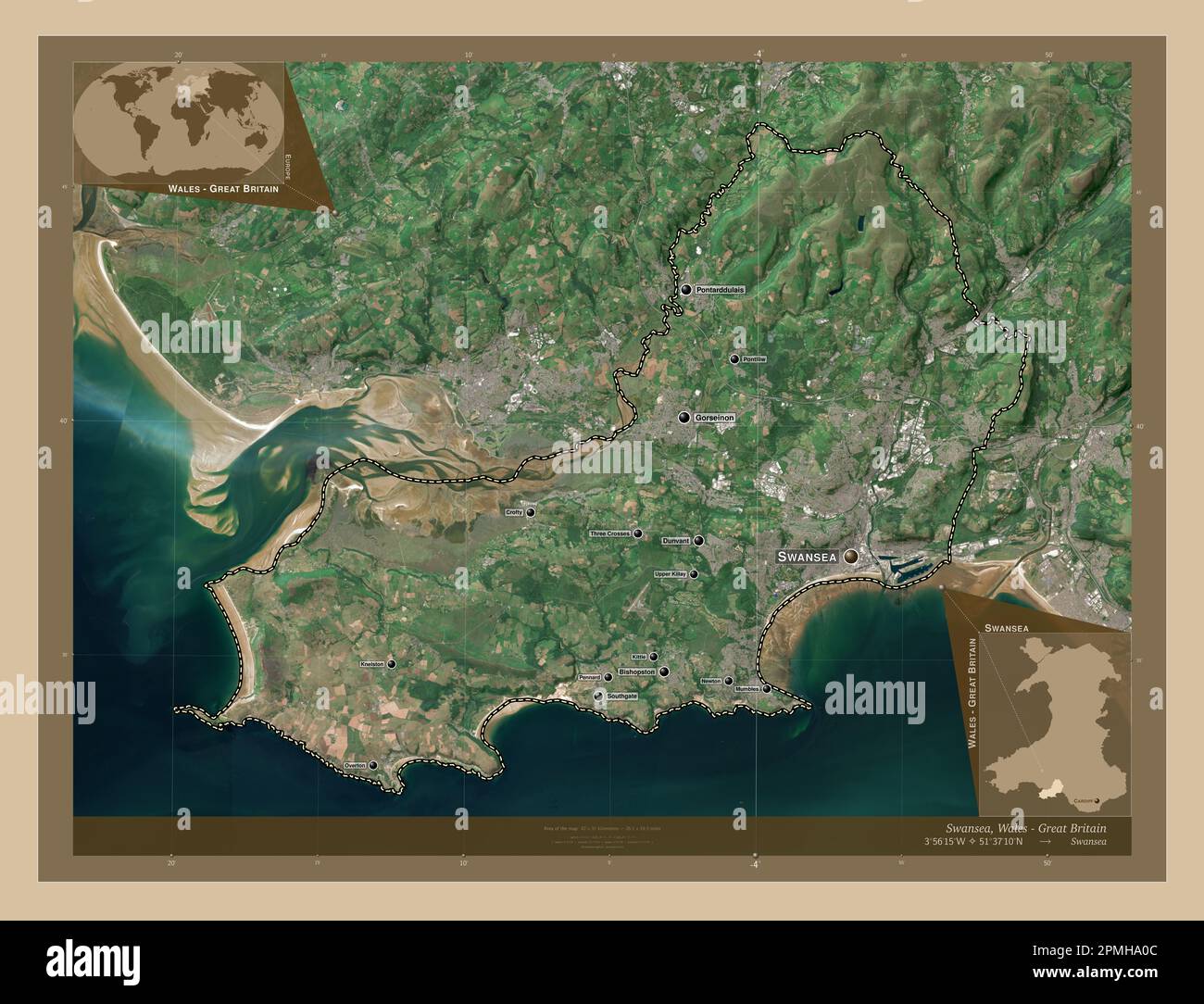 Swansea, region of Wales - Great Britain. Low resolution satellite map ...