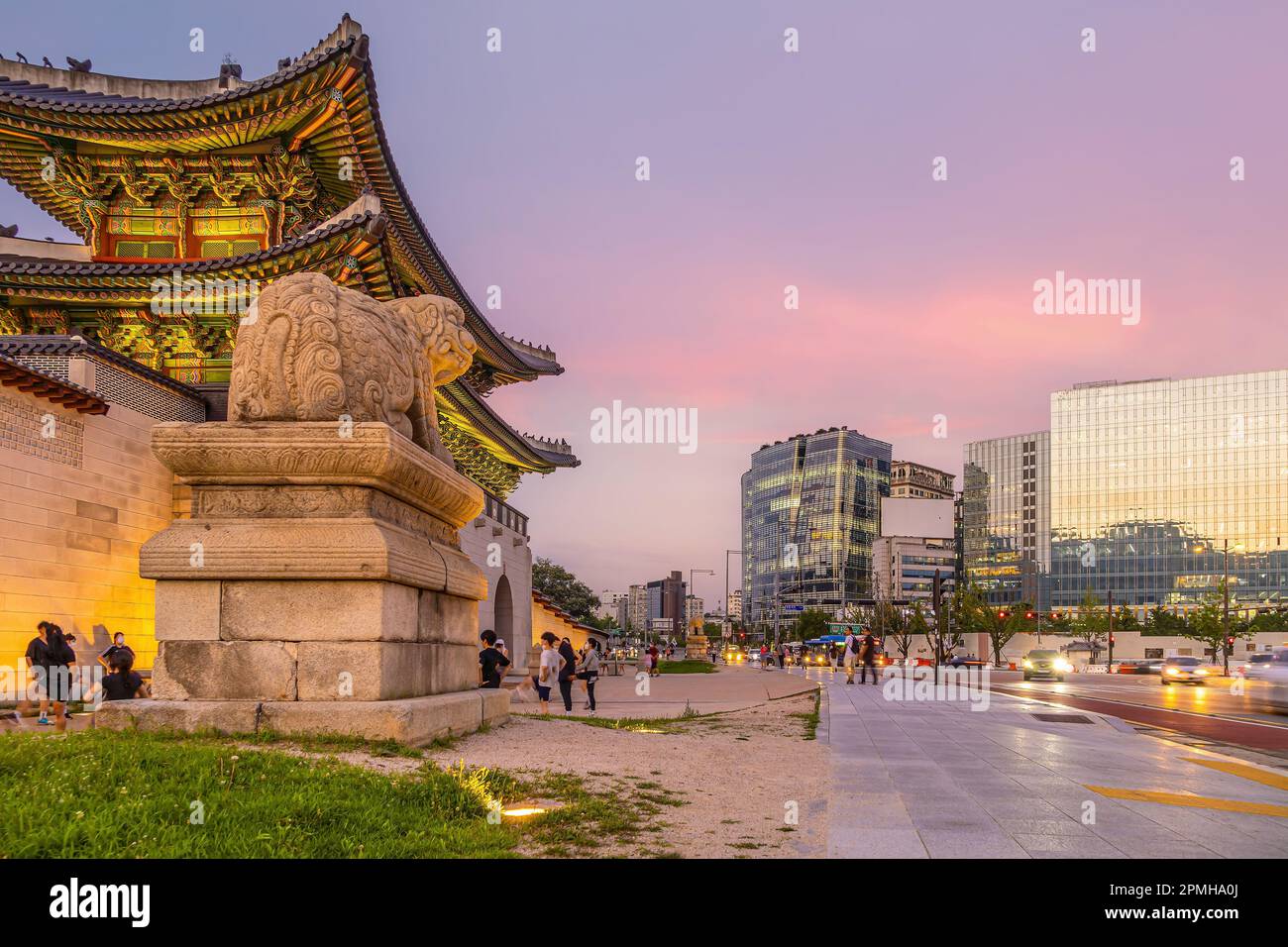 Gyeongbokgung Palace in downtown Seoul at sunset in South Korea Stock ...