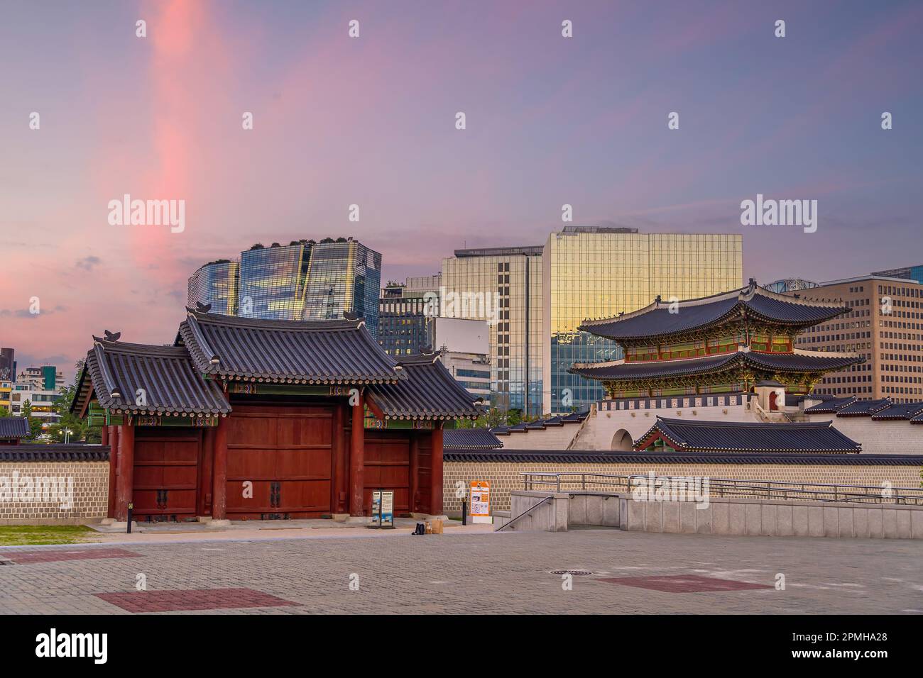 Gyeongbokgung Palace in downtown Seoul at sunset in South Korea Stock ...
