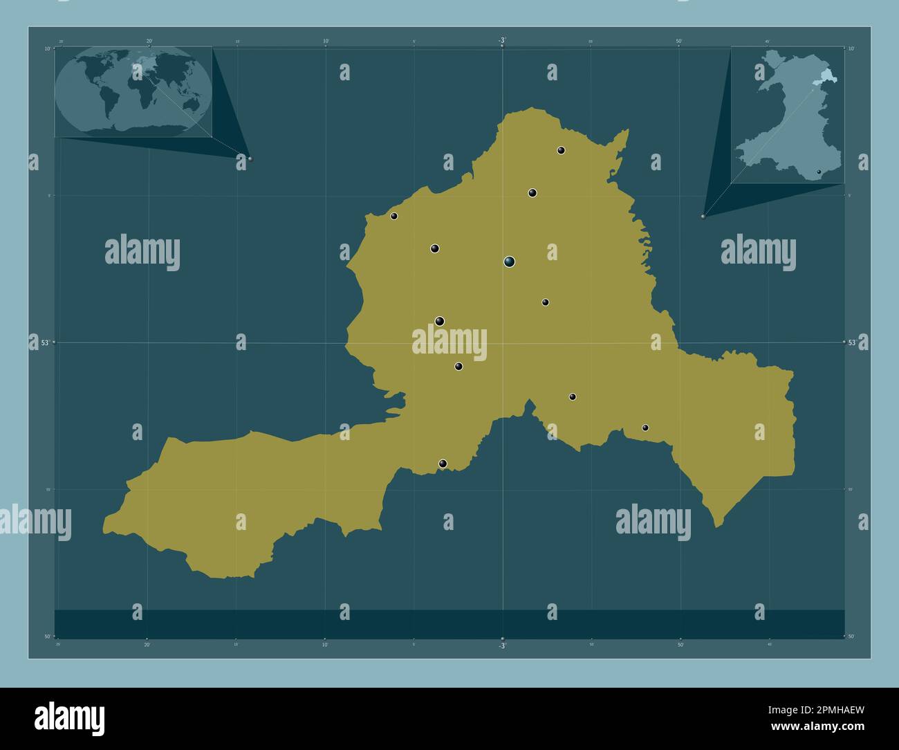 Wrexham, region of Wales - Great Britain. Solid color shape. Locations ...