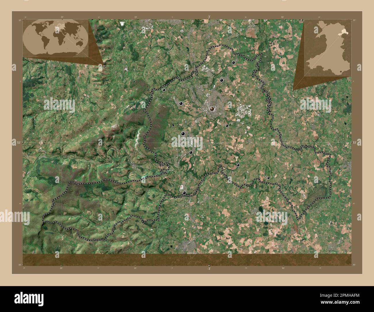 Wrexham, region of Wales - Great Britain. Low resolution satellite map ...