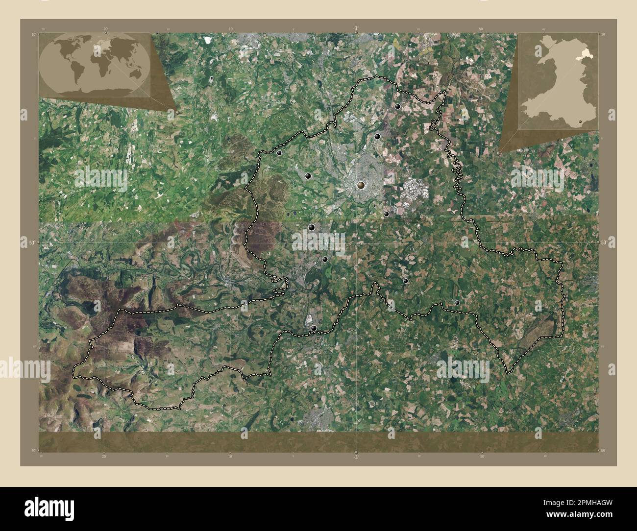 Wrexham, region of Wales - Great Britain. High resolution satellite map ...