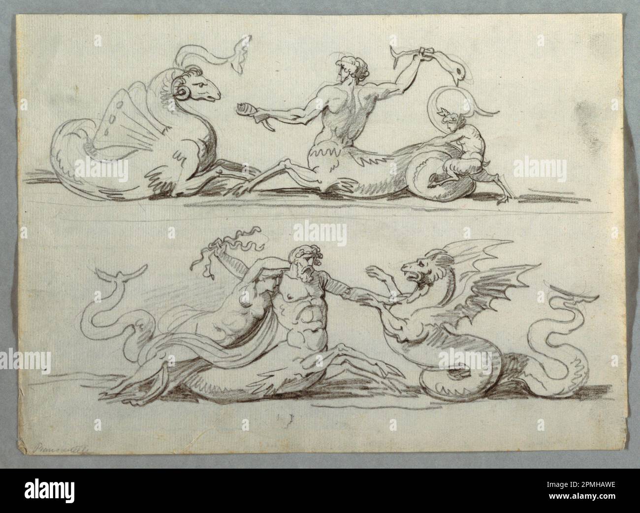 Drawing, Sea Centaur Battles Sea Monster; Designed by Felice Giani ...