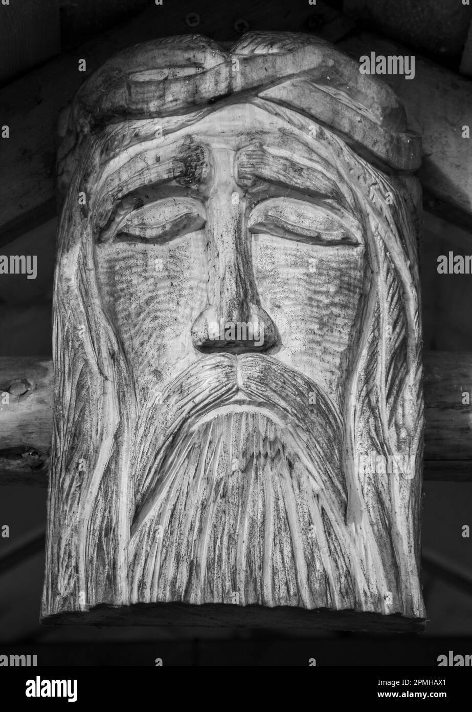 A close-up of a wood engraving representing the face of Jesus Christ at ...