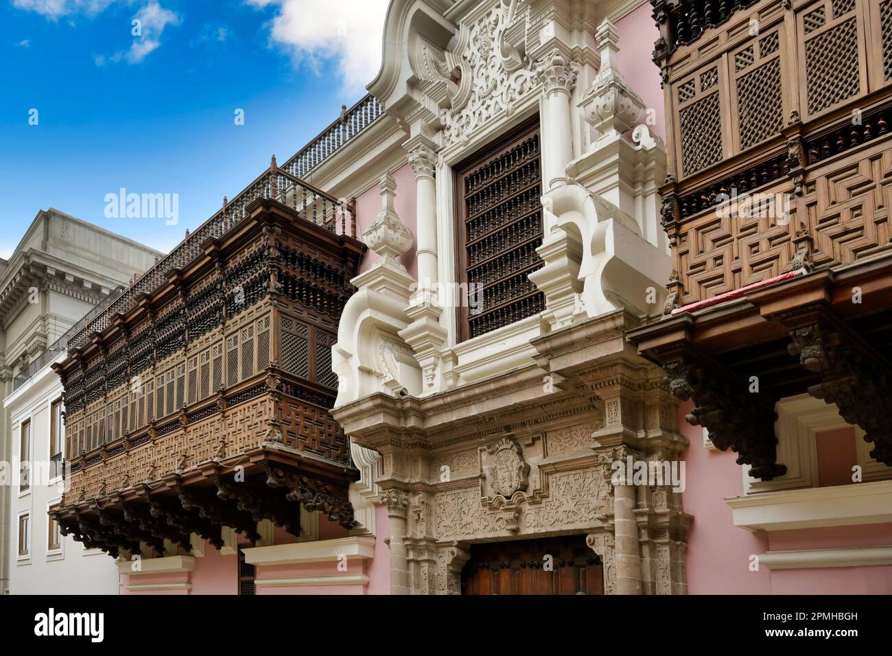 Facade and balconies, Archbishop's Palace, Lima, Peru, South America ...