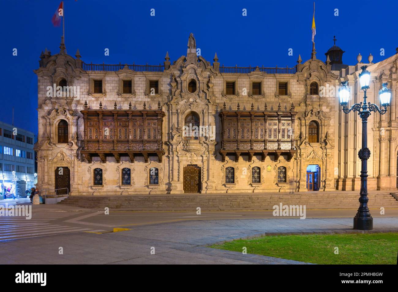 Facade and balconies, Archbishop's Palace at night, Lima, Peru, South ...