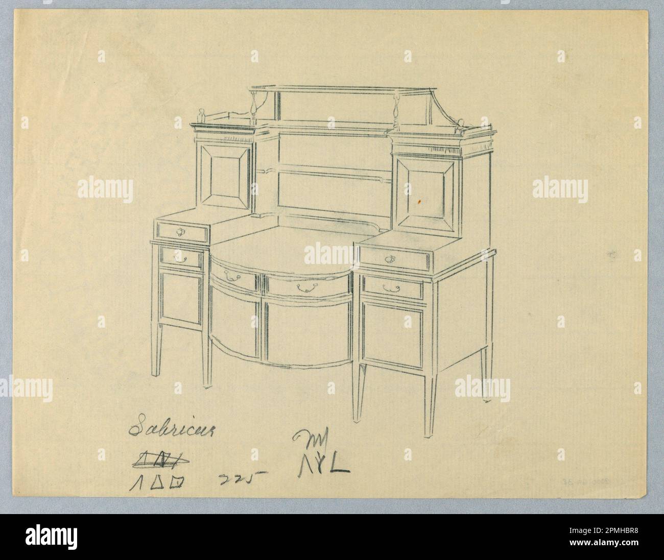 Drawing, Design for Sideboard with Raised Side Cabinets and Upper Shelf ...