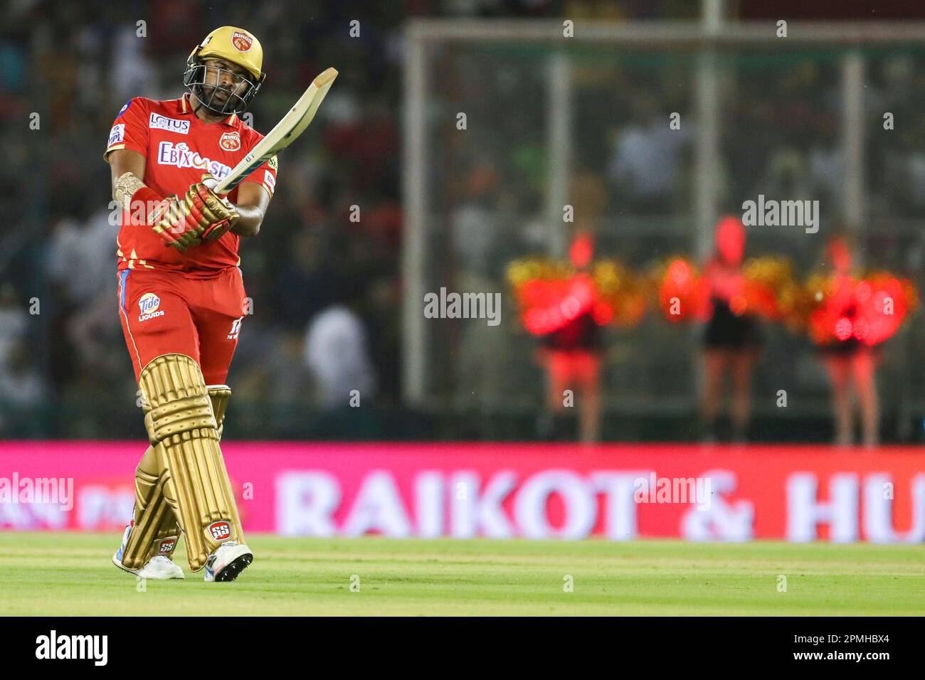 Bhanuka Rajapaksa of Punjab Kings reacts after his dismissal during the Indian Premier League ...