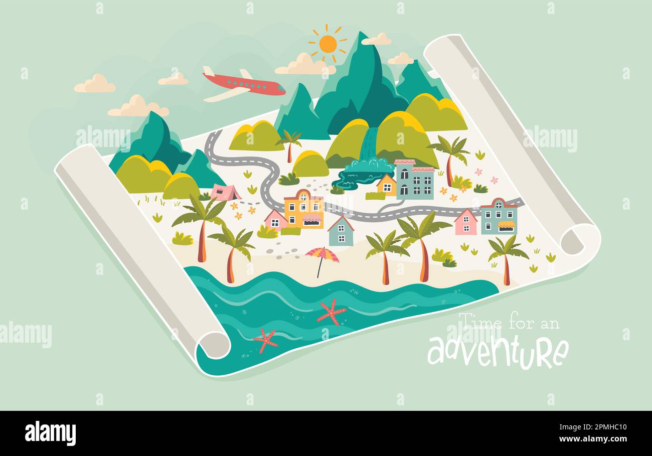 Cute hand drawn vacation map with mountains, waterfall, palm trees ...