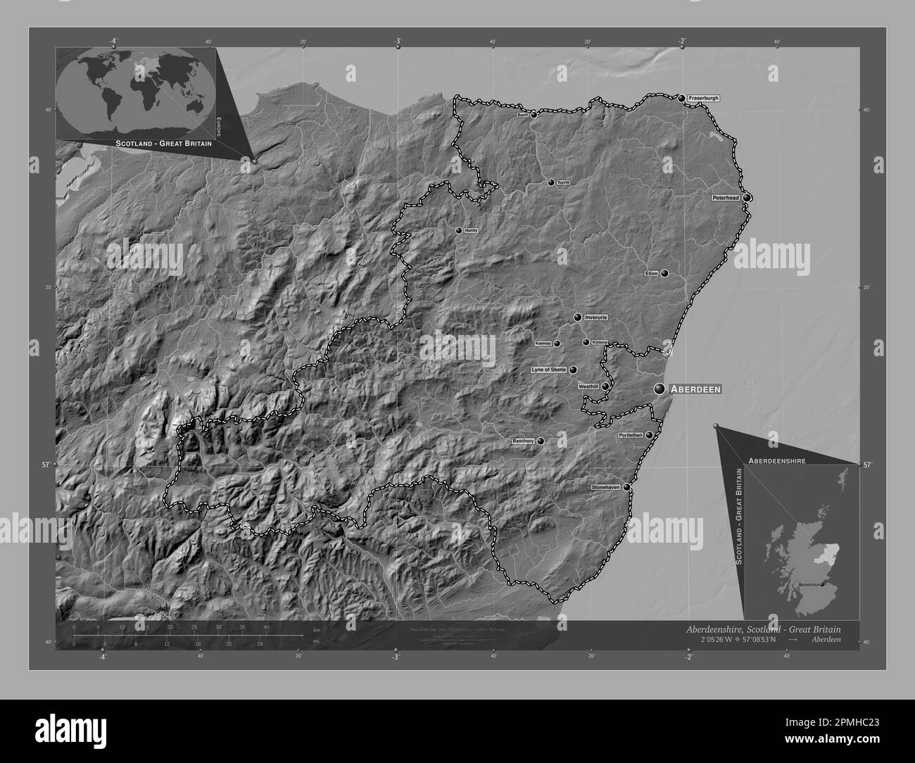 Aberdeenshire, region of Scotland - Great Britain. Bilevel elevation ...