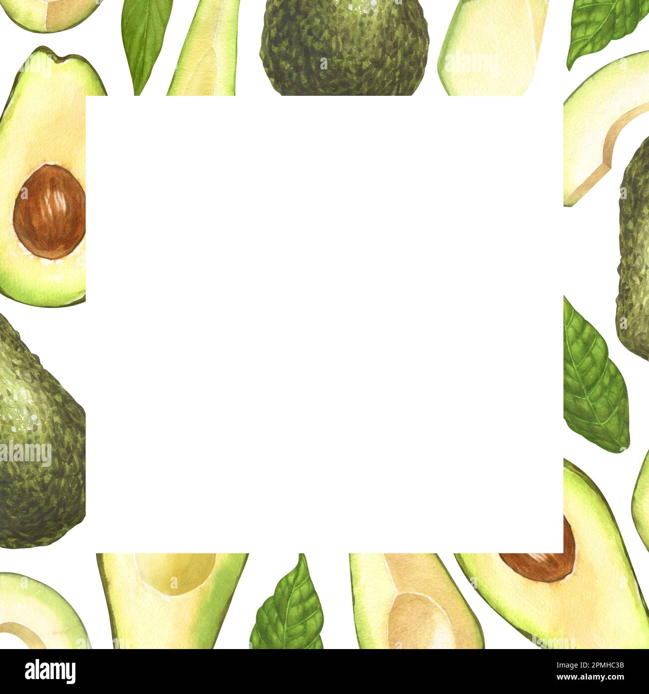 Watercolor frame, ripe avocado and halves avocado. Hand-drawn ...