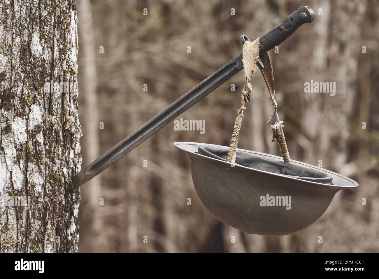 Vintage Brodie army helmet hanging on bayonet Stock Photo - Alamy
