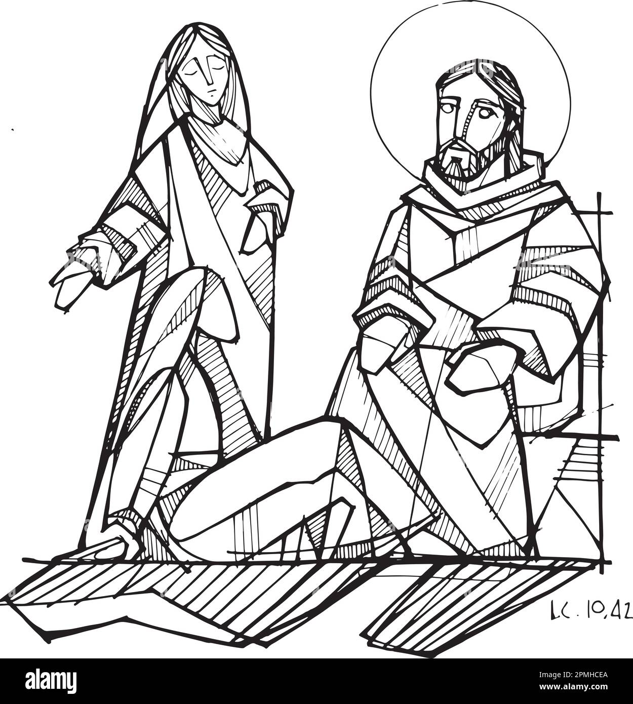 Hand drawn vector illustration or drawing of Martha and Mary Stock ...