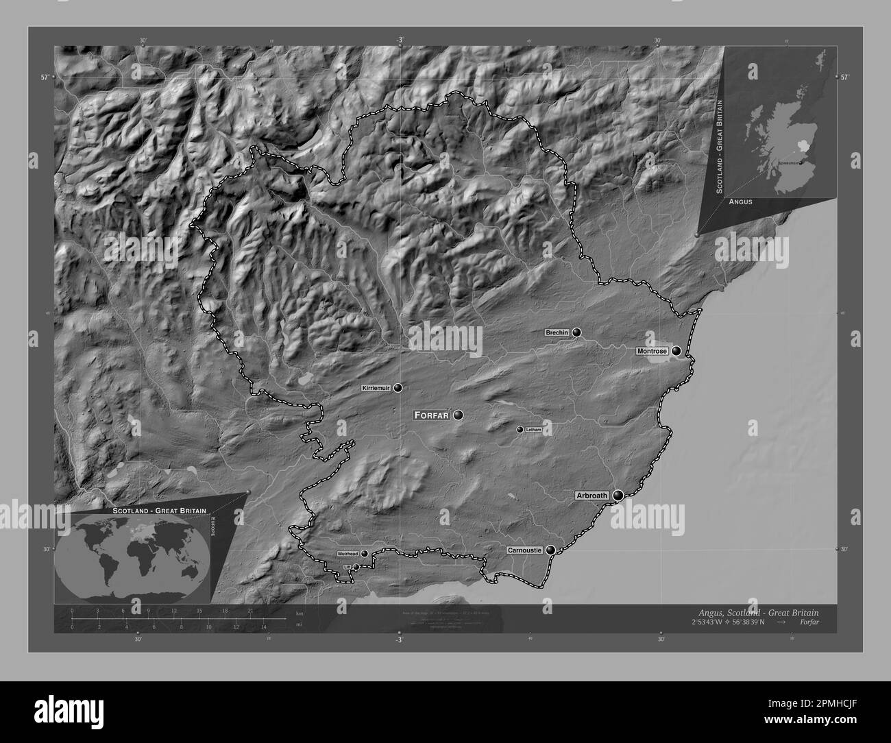 Angus, region of Scotland - Great Britain. Bilevel elevation map with ...