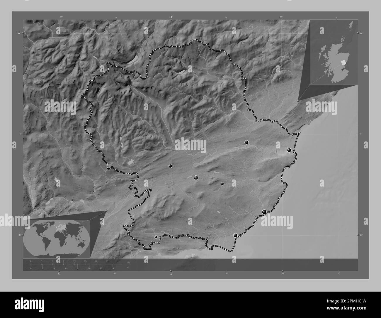 Angus, region of Scotland - Great Britain. Grayscale elevation map with ...