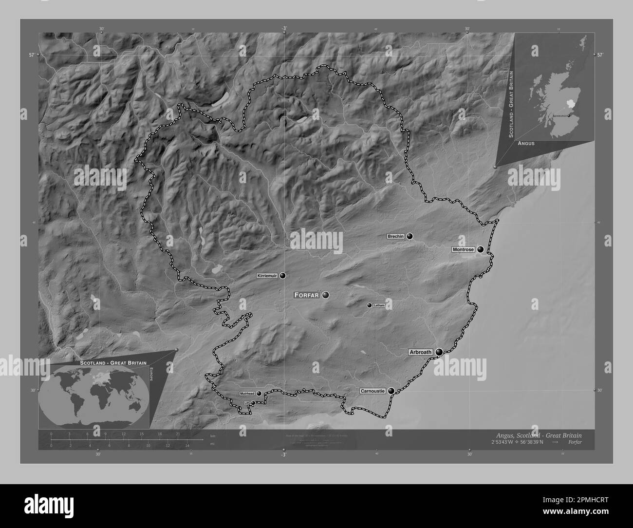 Angus, region of Scotland - Great Britain. Grayscale elevation map with ...