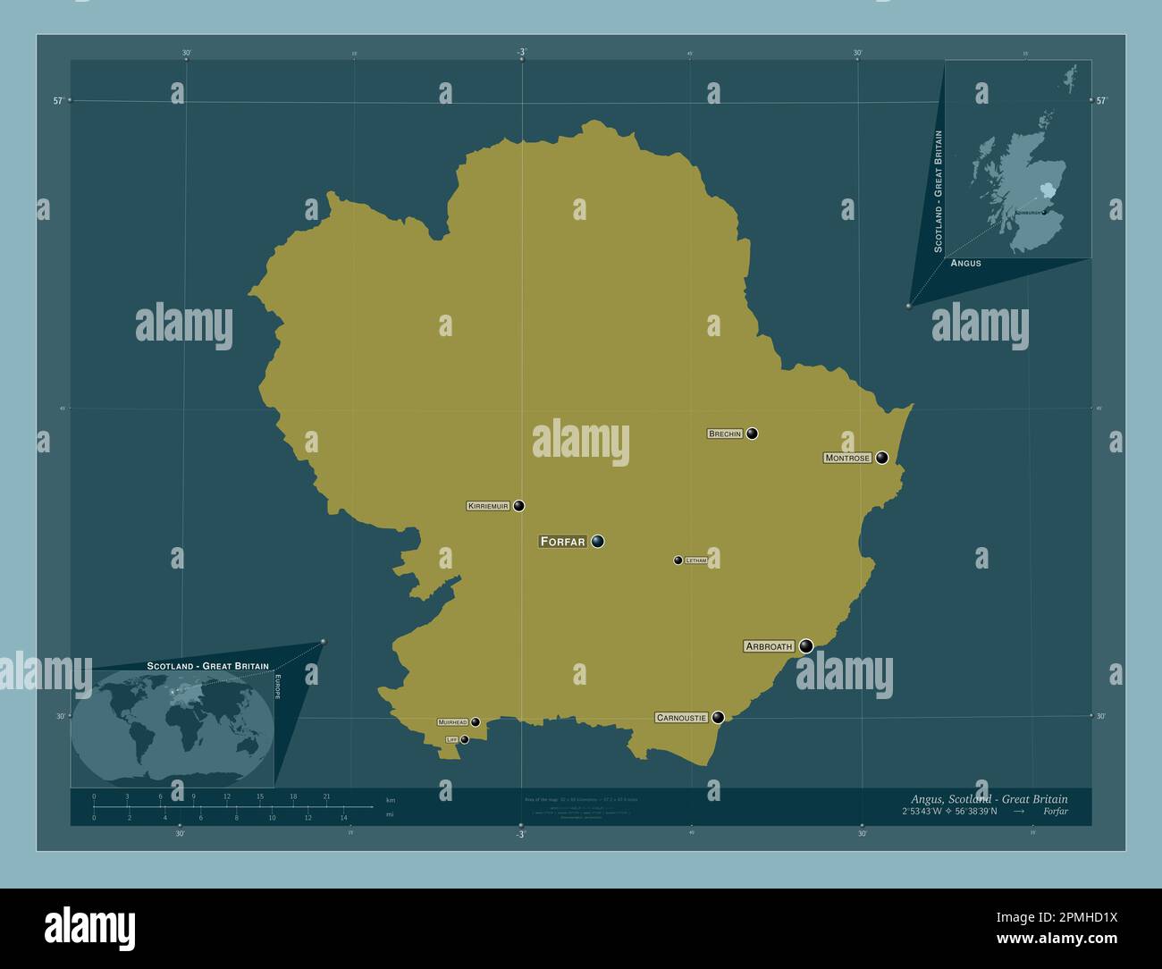 Angus, region of Scotland - Great Britain. Solid color shape. Locations ...