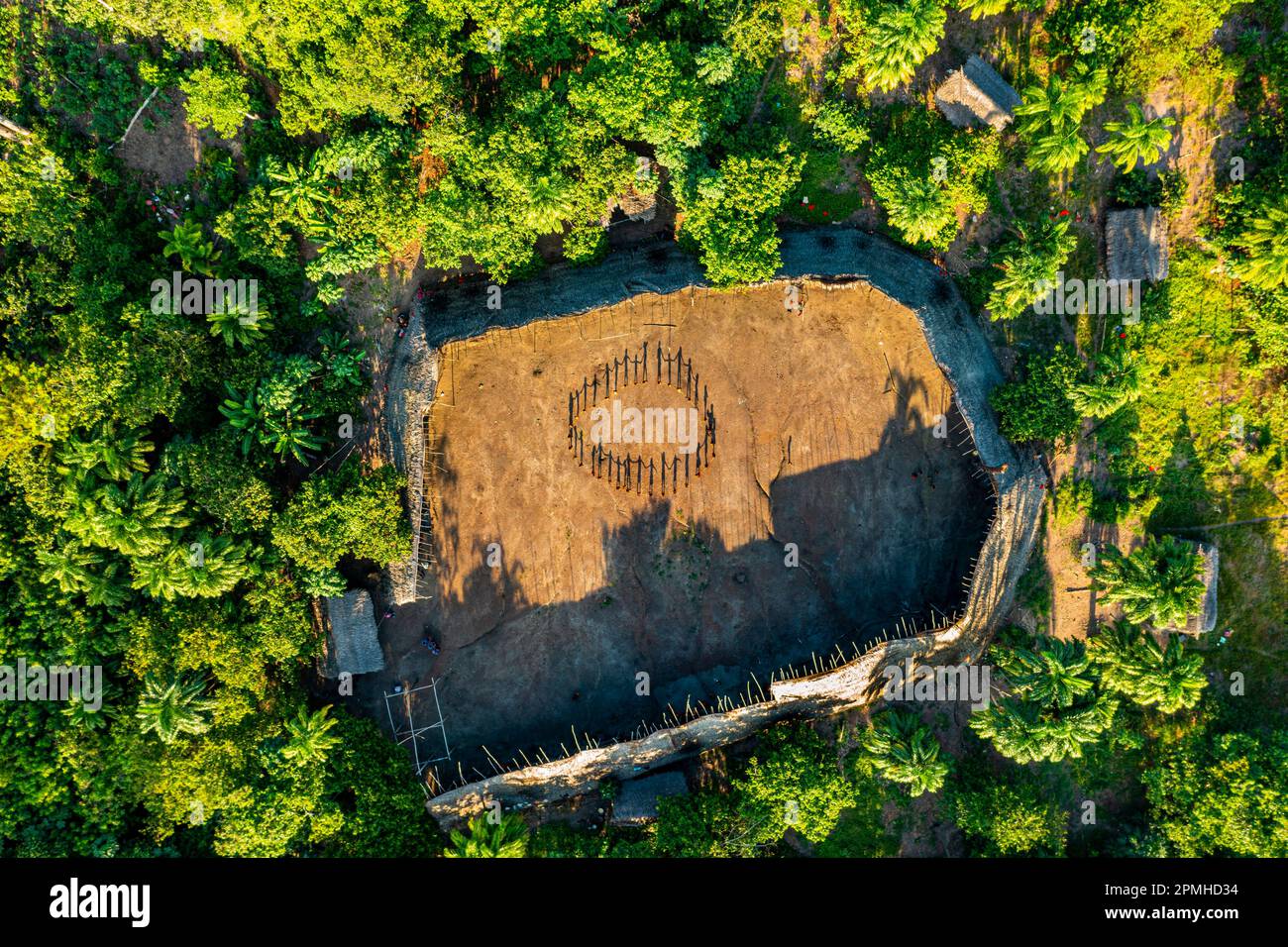 Aerial of a shabono (yanos), the traditional communal dwellings of the ...