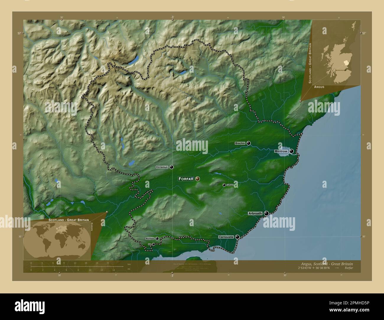 Angus, region of Scotland - Great Britain. Colored elevation map with ...