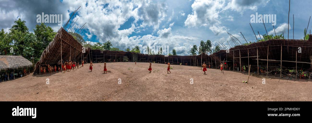 Aerial of a shabono (yanos), the traditional communal dwellings of the ...