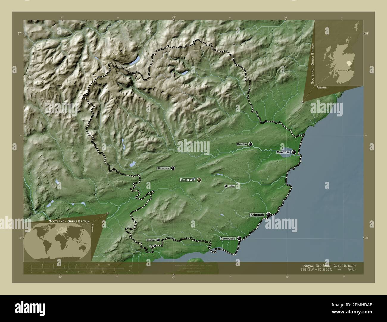 Angus, region of Scotland - Great Britain. Elevation map colored in ...