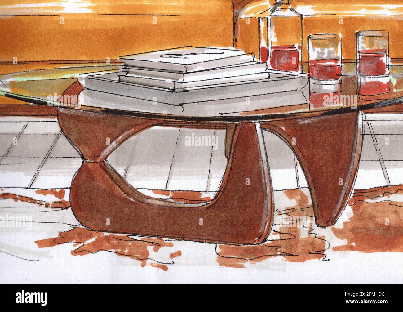 Colour detail sketch of a coffee table with books and drinks Stock ...