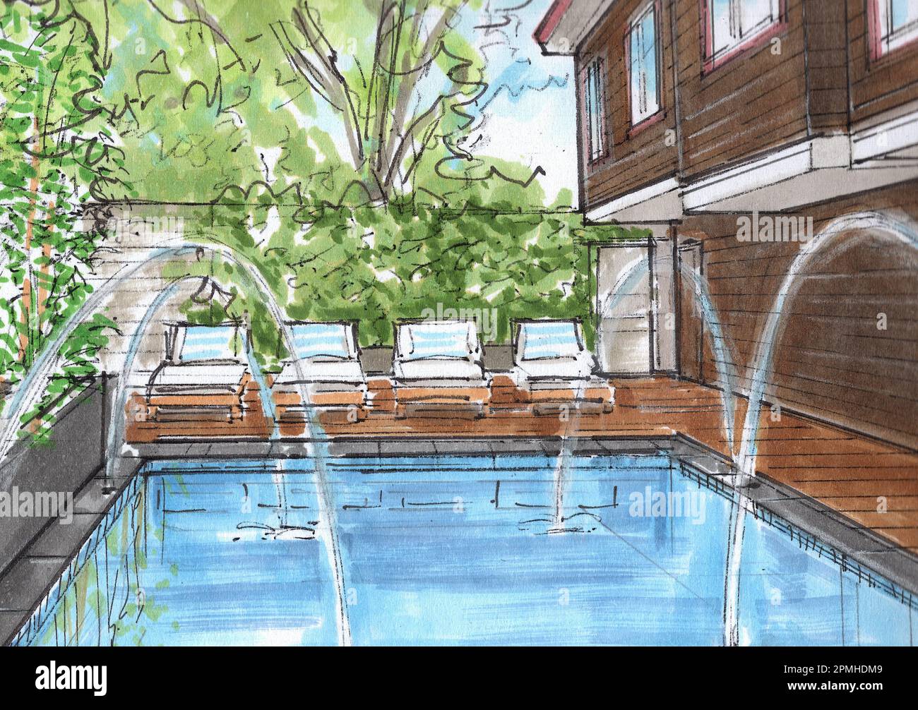 Colour sketch for a swimming pool surrounded by bamboo plants and ...