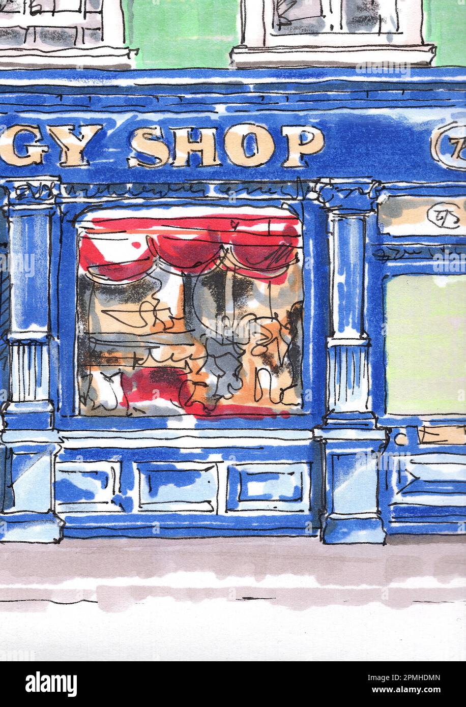 Colour sketch of an old fashioned shop front Stock Photo - Alamy