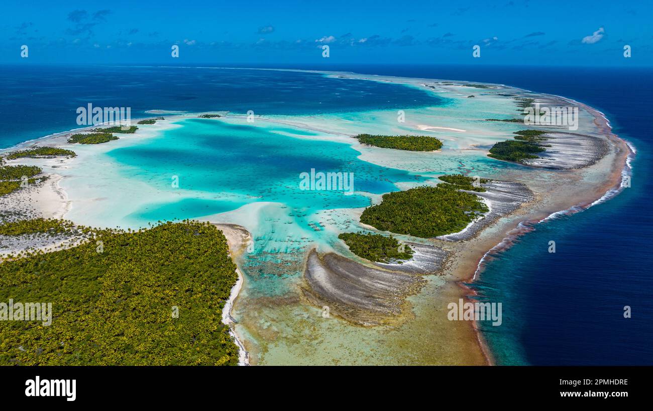 Aerial of the Blue Lagoon, Rangiroa atoll, Tuamotus, French Polynesia ...