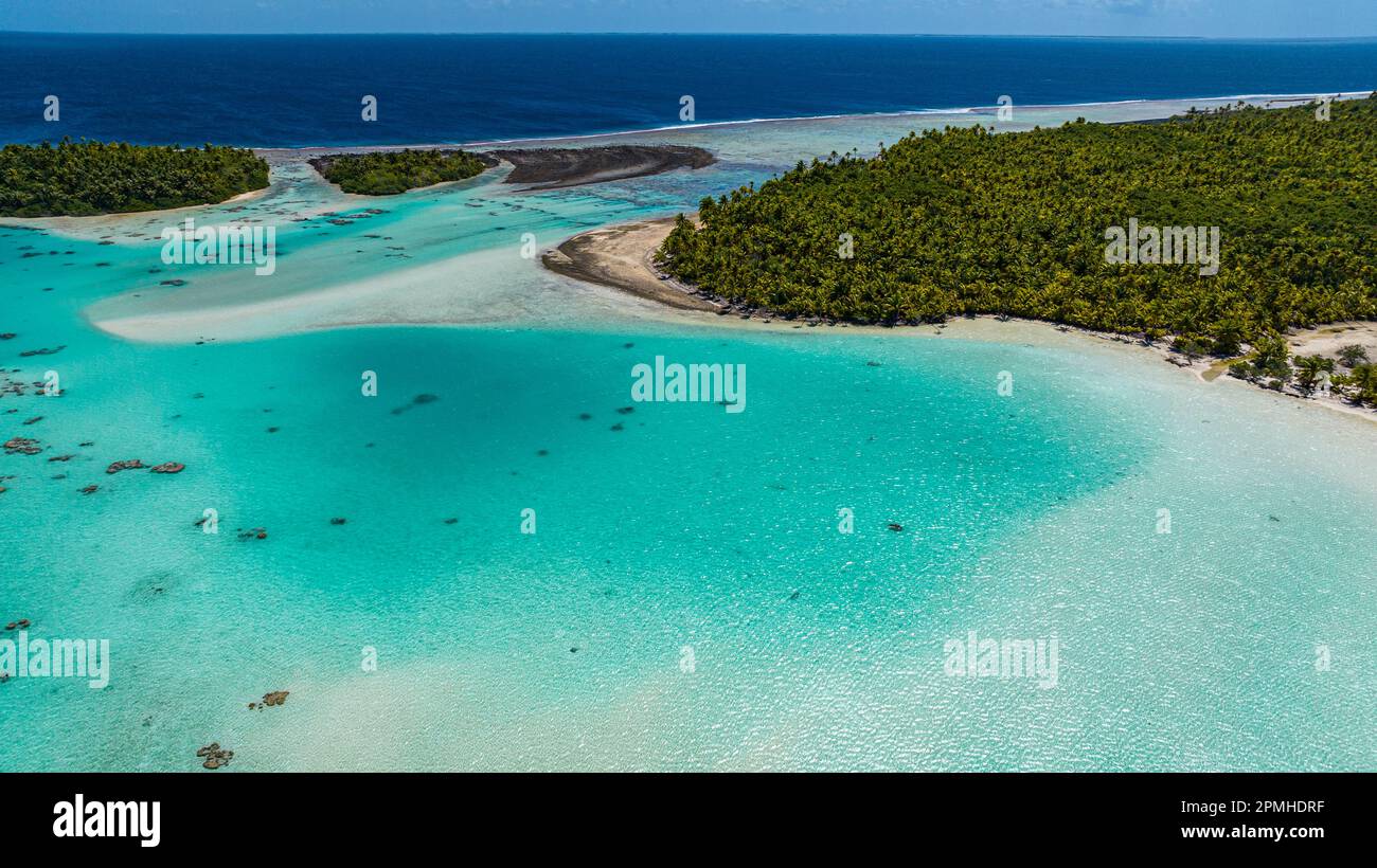 Aerial of the Blue Lagoon, Rangiroa atoll, Tuamotus, French Polynesia ...