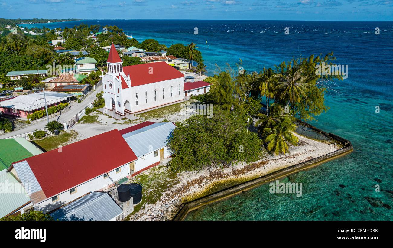 Aerial of the Catholic church in Avatoru, Rangiroa atoll, Tuamotus ...
