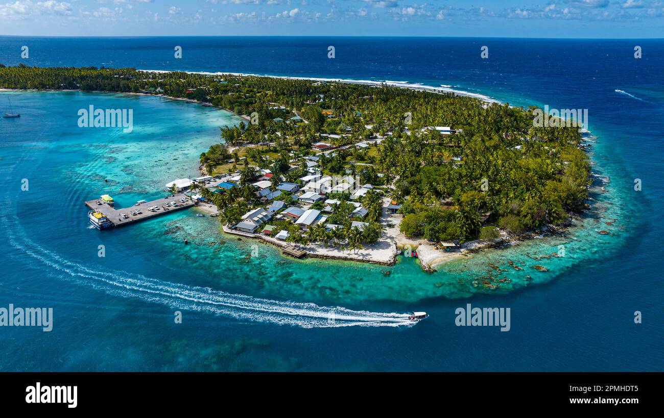 Aerial of the Tiputa Pass, Rangiroa atoll, Tuamotus, French Polynesia ...