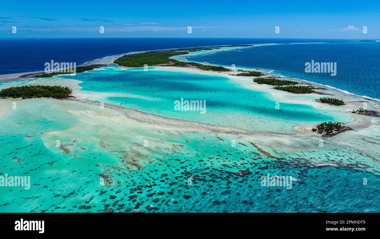 Aerial of the Blue Lagoon, Rangiroa atoll, Tuamotus, French Polynesia ...