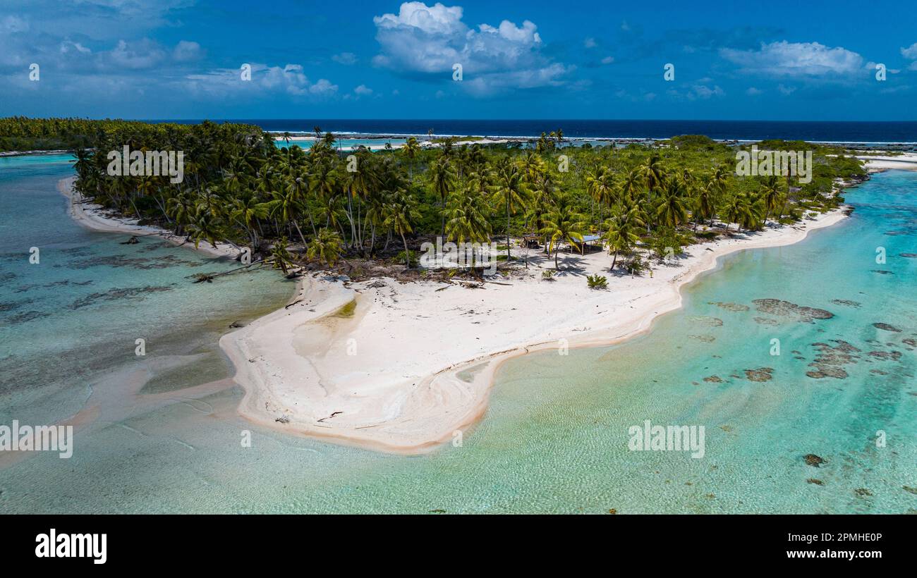 Aerial of little island with white sand beach, the Ile aux Recifs ...