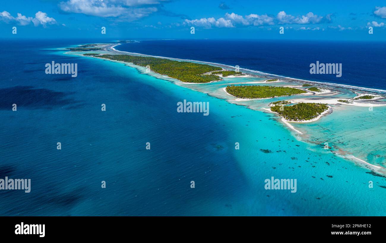 Aerial of the Ile aux Recifs, Rangiroa atoll, Tuamotus, French ...