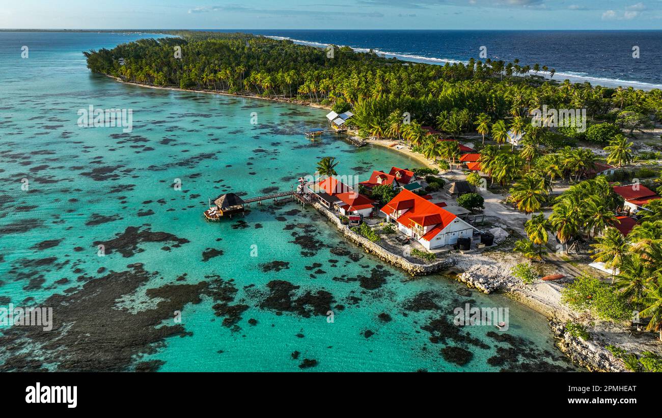 Aerial of Fakarava lagoon, Tuamotu archipelago, French Polynesia, South ...
