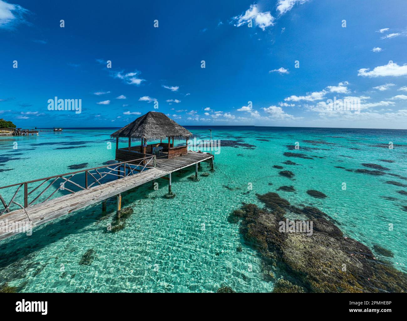 Aerial of sundeck over the lagoon of Fakarava, Tuamotu archipelago ...