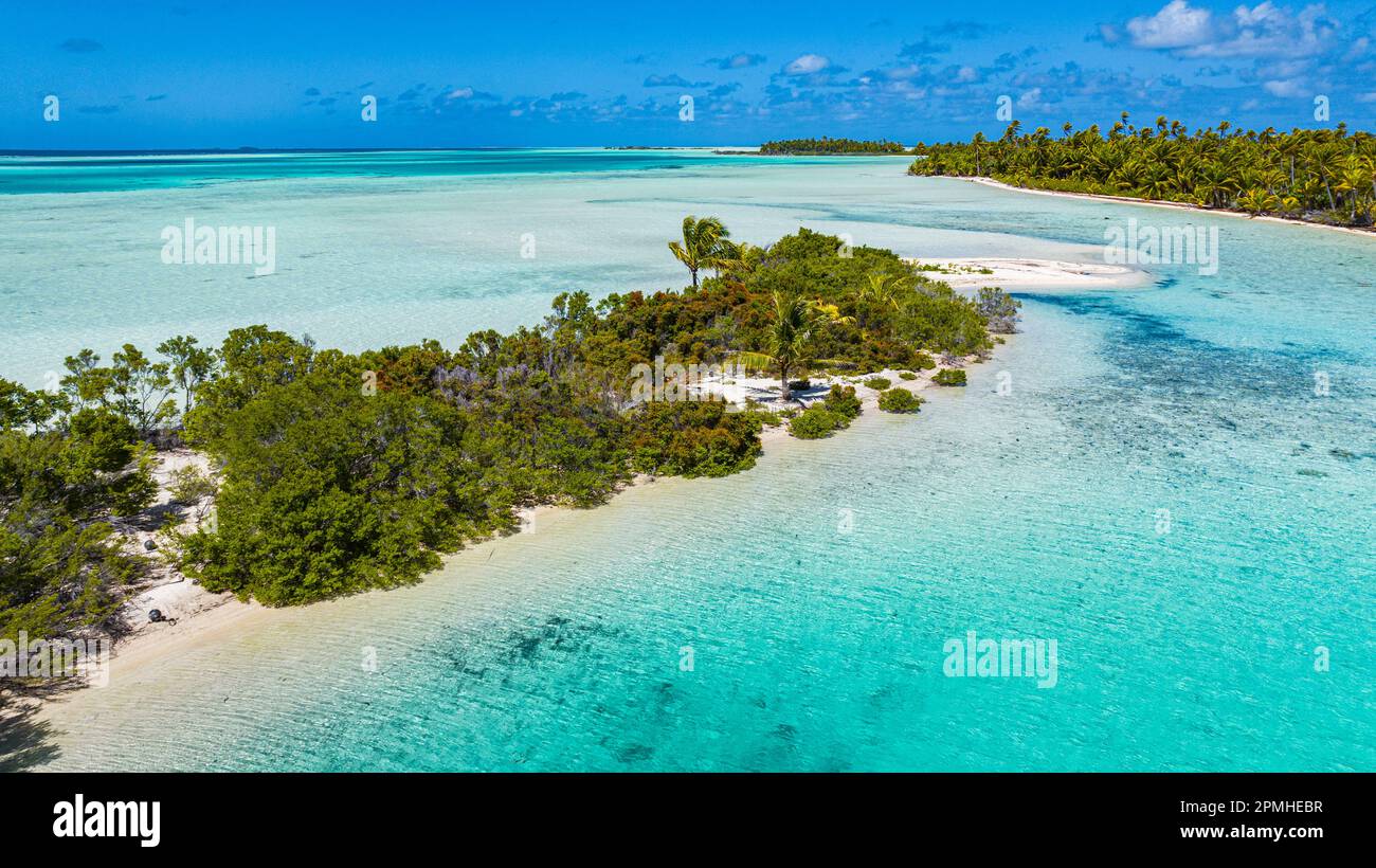 Aerial of the blue lagoon, Fakarava, Tuamotu archipelago, French ...