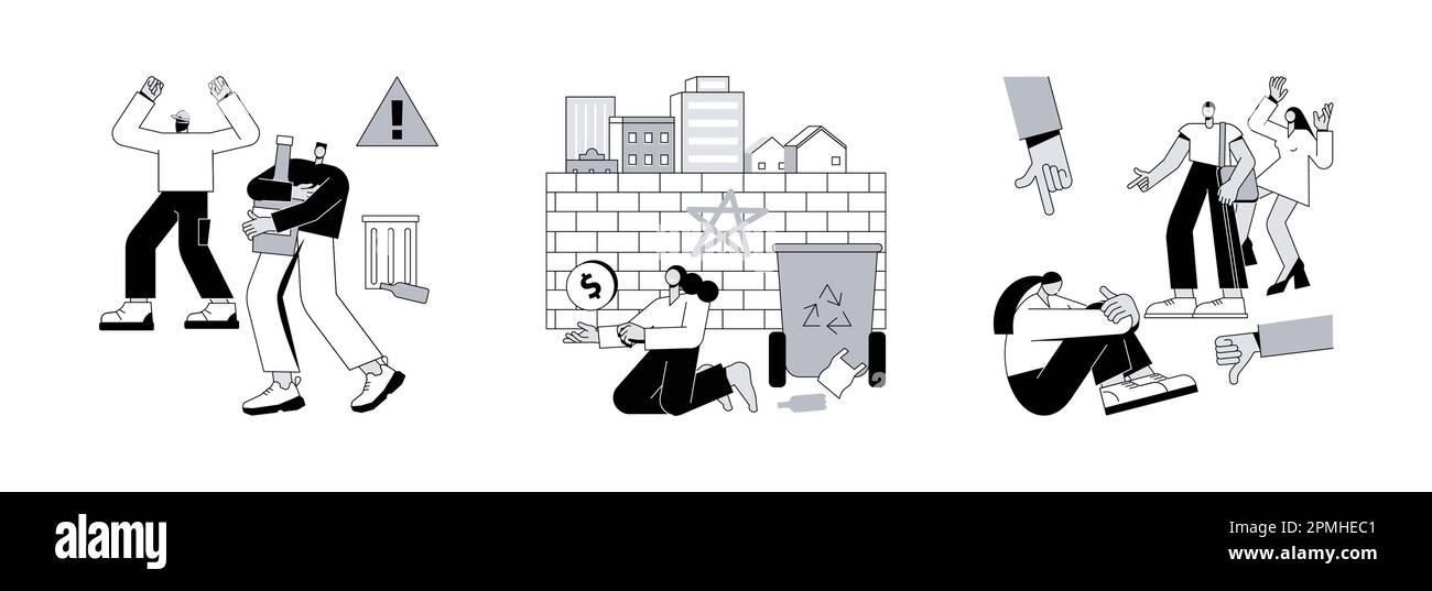 Social problems abstract concept vector illustration set. Social behaviour, street children ...