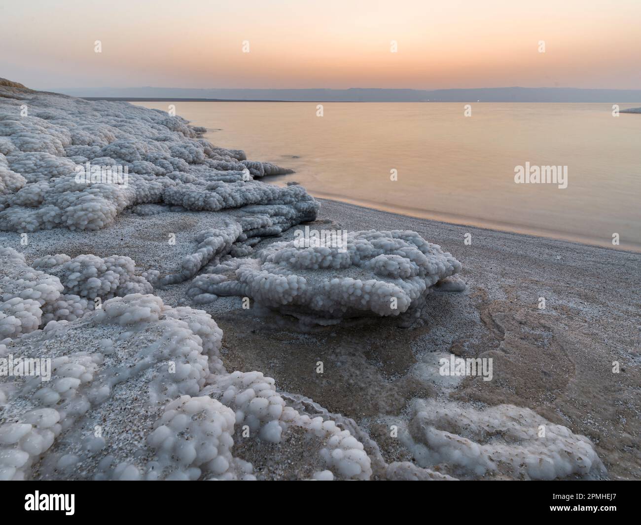 Shore with salt crystalized formation at dusk, The Dead Sea, Jordan ...