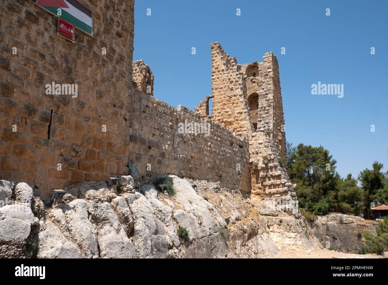 The ruined tower and wall of the Muslim Ajlun Castle, Jordan, Middle ...