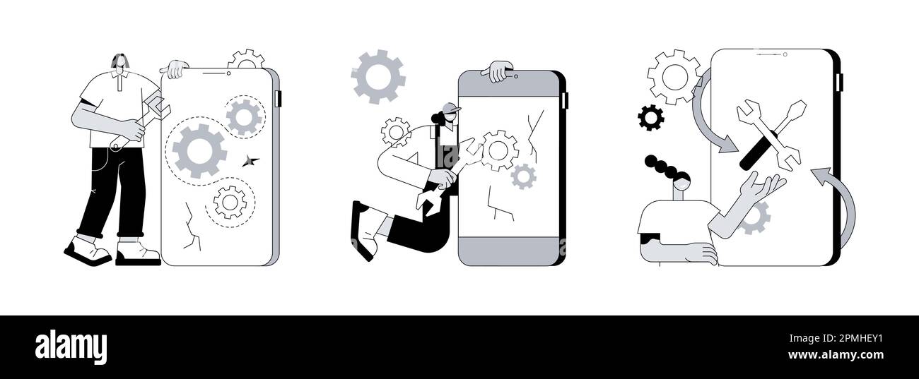 Broken gadget abstract concept vector illustration set. Mobile device ...