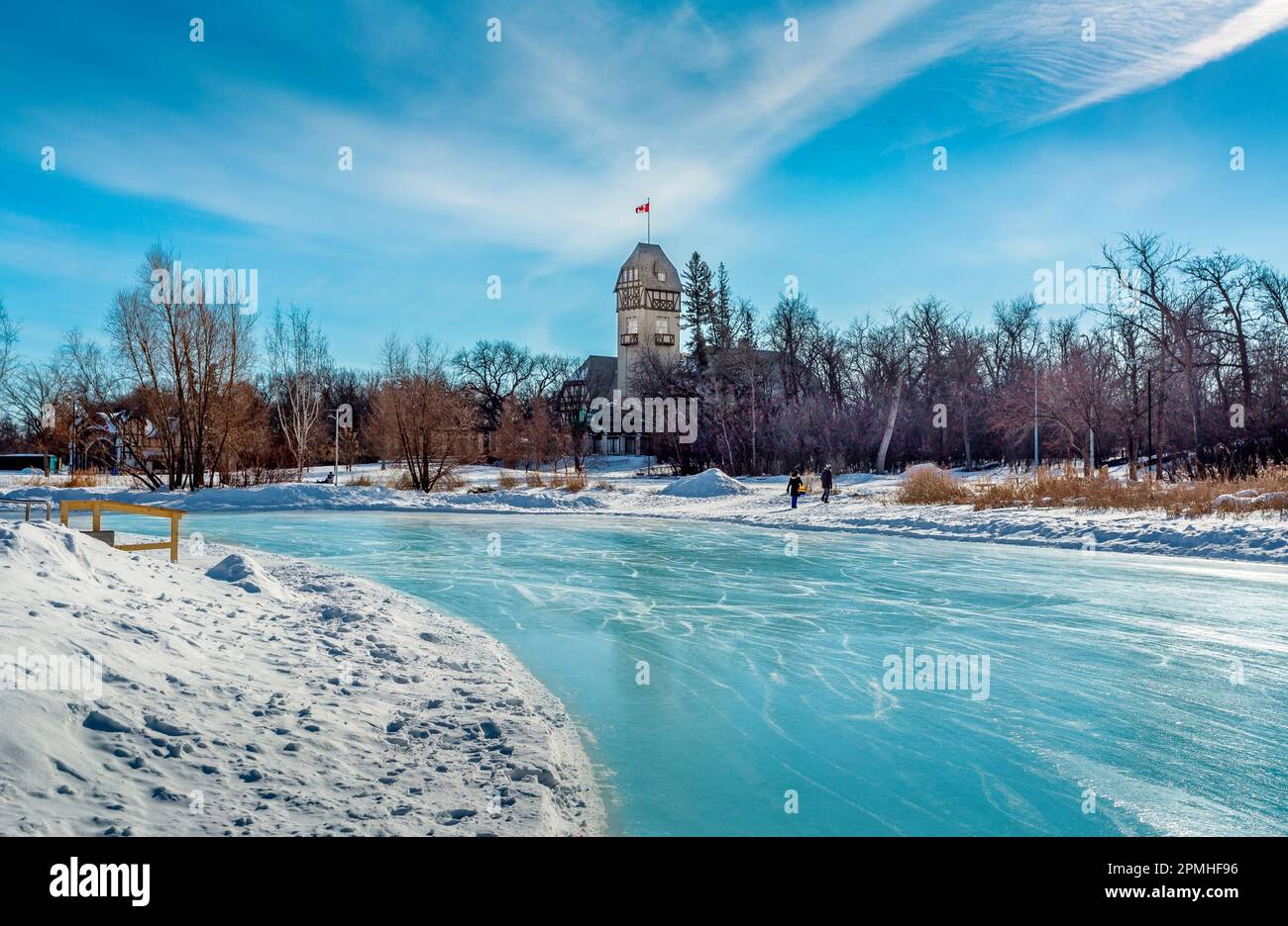 The Assiniboine Park Pavilion seen across the Duck Pond skating rink at ...